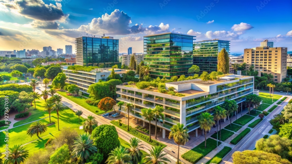 Modern architecture and lush greenery blend harmoniously in the sun ...