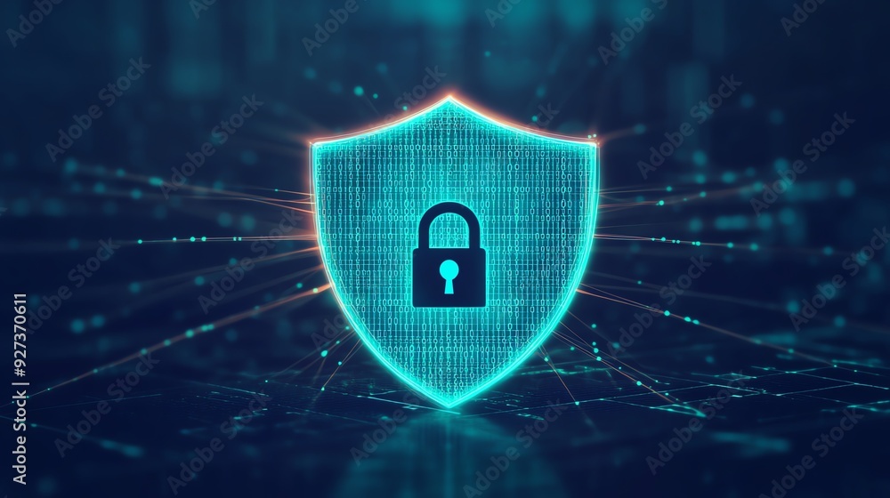 Stylized digital shield with padlock symbol, representing cybersecurity, data protection, and ...