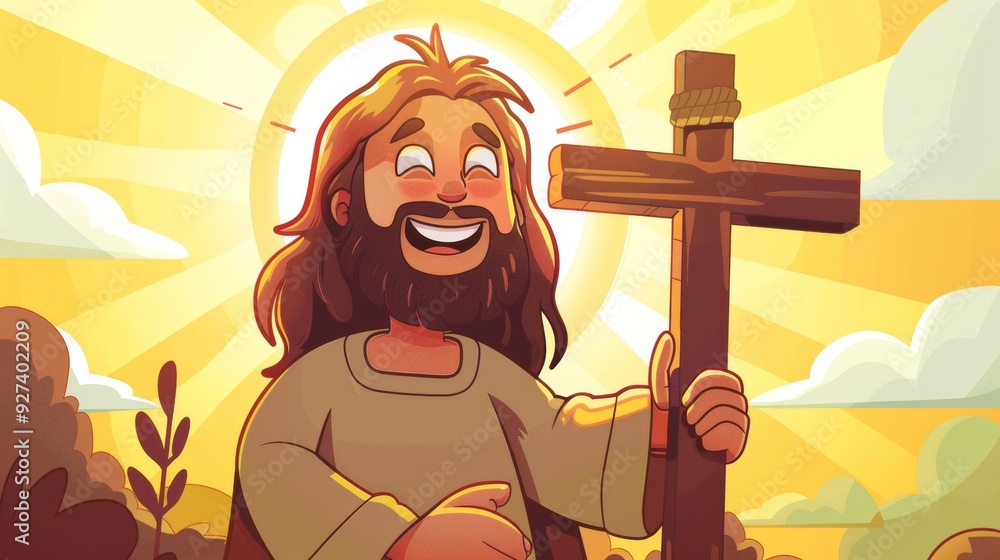 Cartoon Vector Smiling Jesus in cartoon style holding a cross with a ...