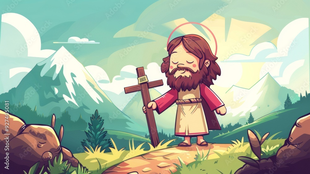 Cartoon Vector Playful cartoon drawing of Jesus carrying a cross with a ...