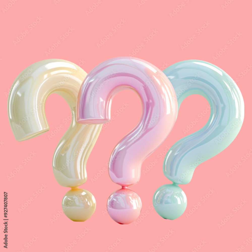 featuring three glossy, pastel-colored question marks on a pink ...