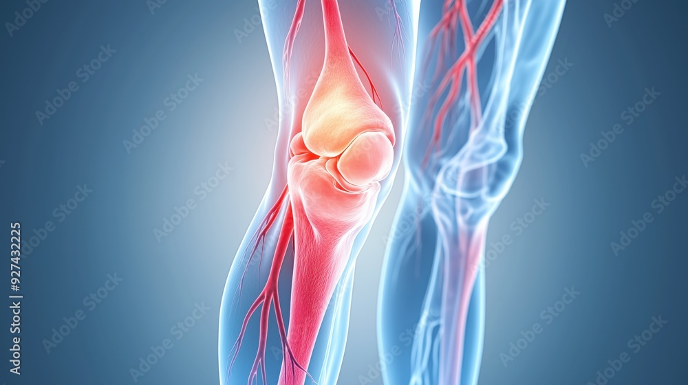 High-resolution 3D medical illustration of the human knee joint, highlighting surrounding ...