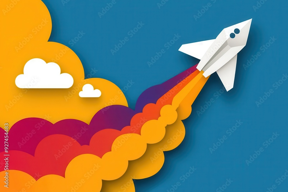 Paper plane mid-flight with a colorful trail, folding process shown ...