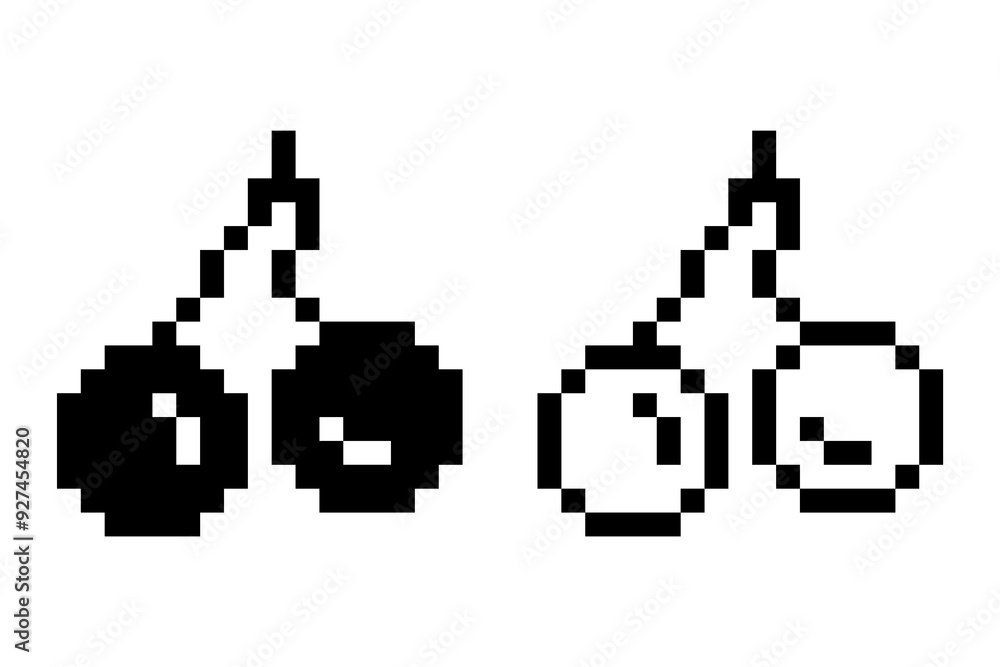 pixel art cherry game 8 bit cartoon fruit icon logo. black and white ...