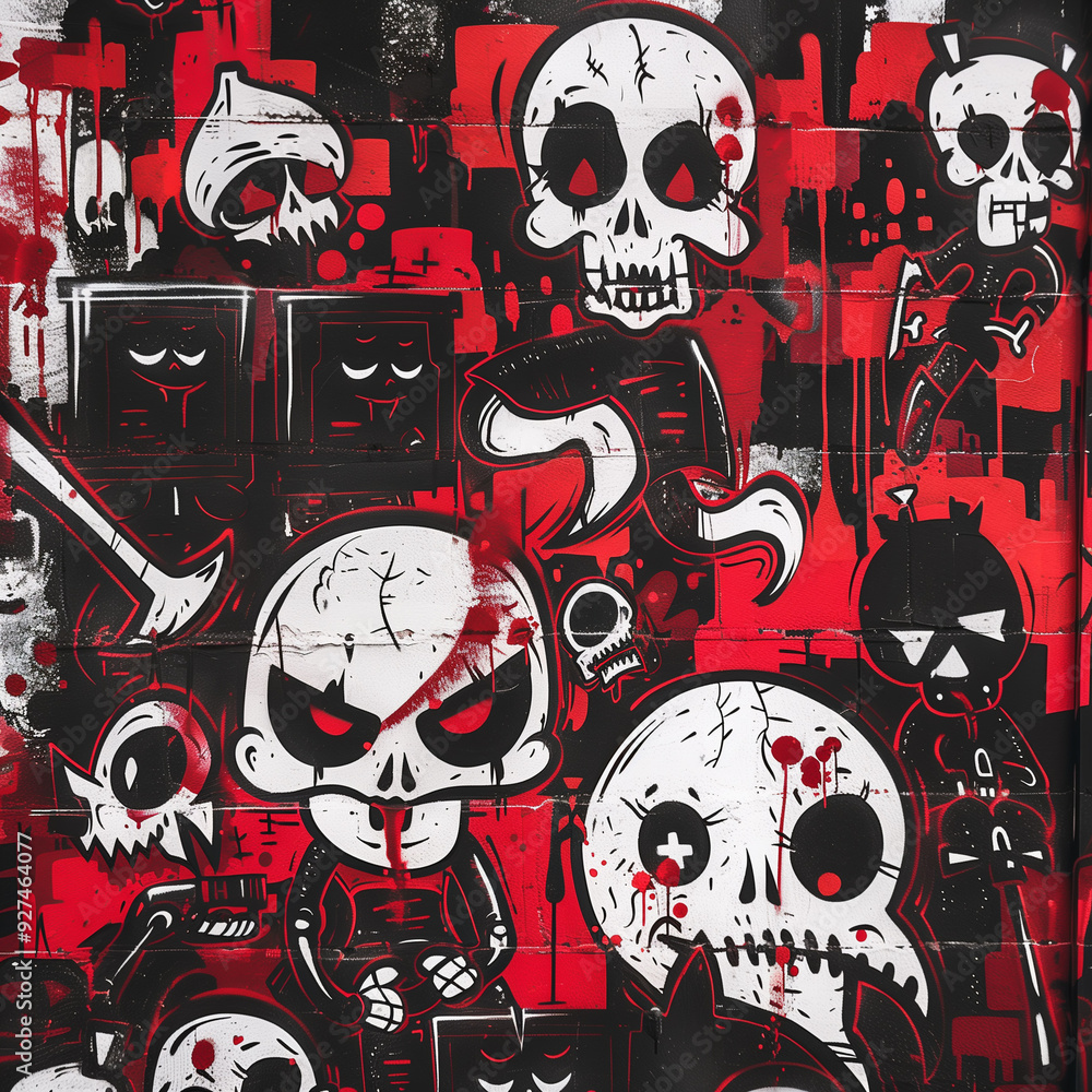 Grunge Street Art with Multiple Skulls, Urban Graffiti in Red, Black ...