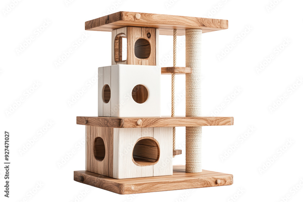 Stylish wooden cat tree with multiple levels, holes, and scratching ...