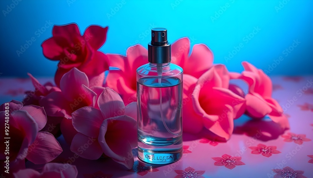 Minimal perfume bottle and flowers all over the set, top light on top ...