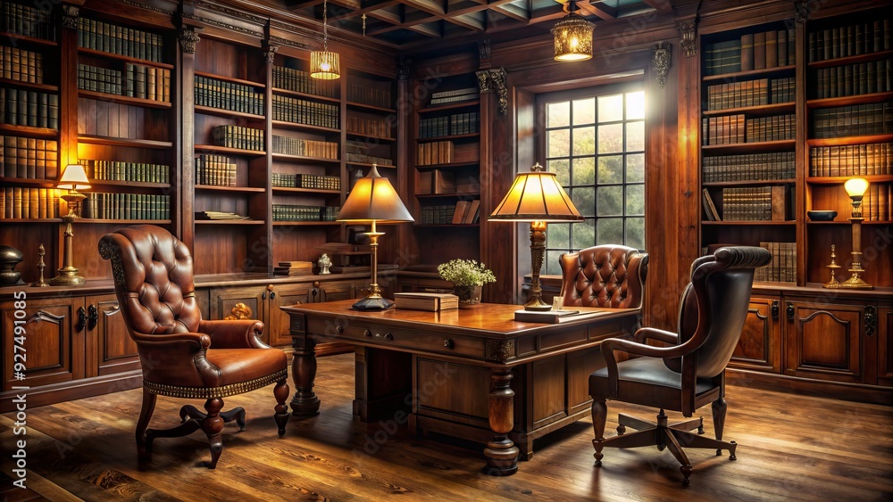 Classic wooden desk surrounded by worn leather chairs, old-fashioned ...