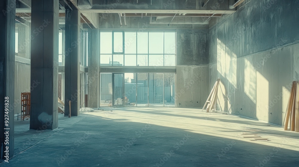 An unfinished interior space with exposed structural columns, concrete ...