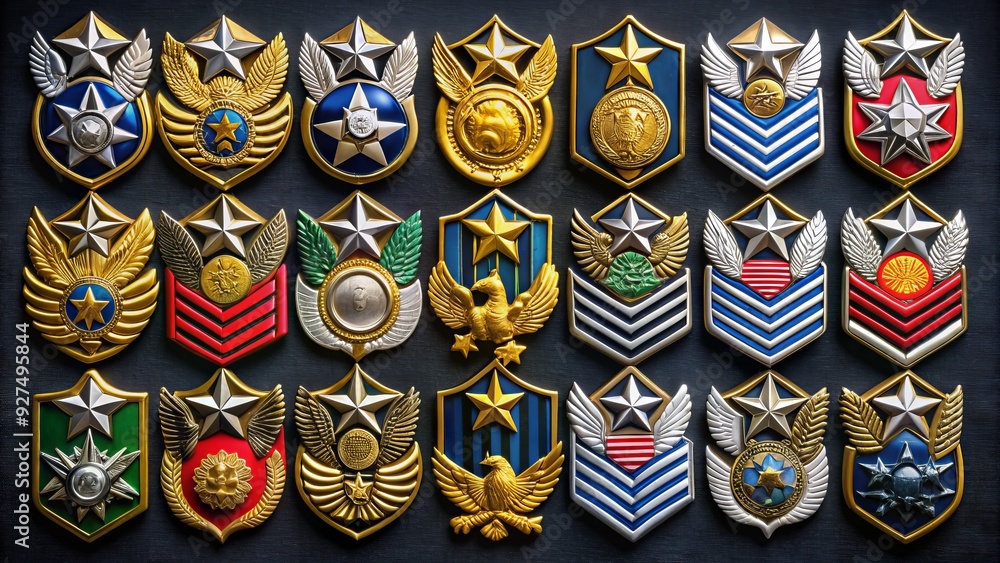Colorful array of official US military rank insignia badges, showcasing ...