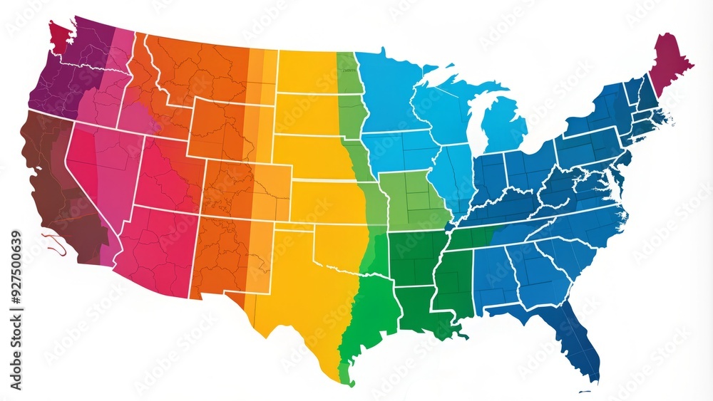 Colorful map of the United States divided into four time zones, with ...