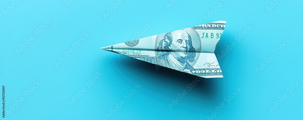 Paper airplane made from dollar bill, send money concept, sky blue ...