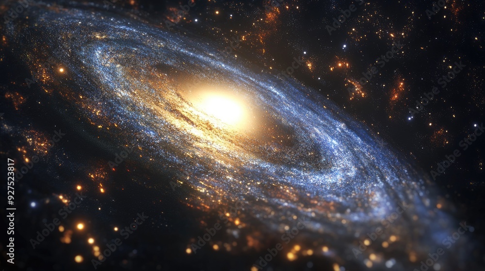 Digital 3D illustration showing the Andromeda galaxy collision with a planet horizon. Captures ...