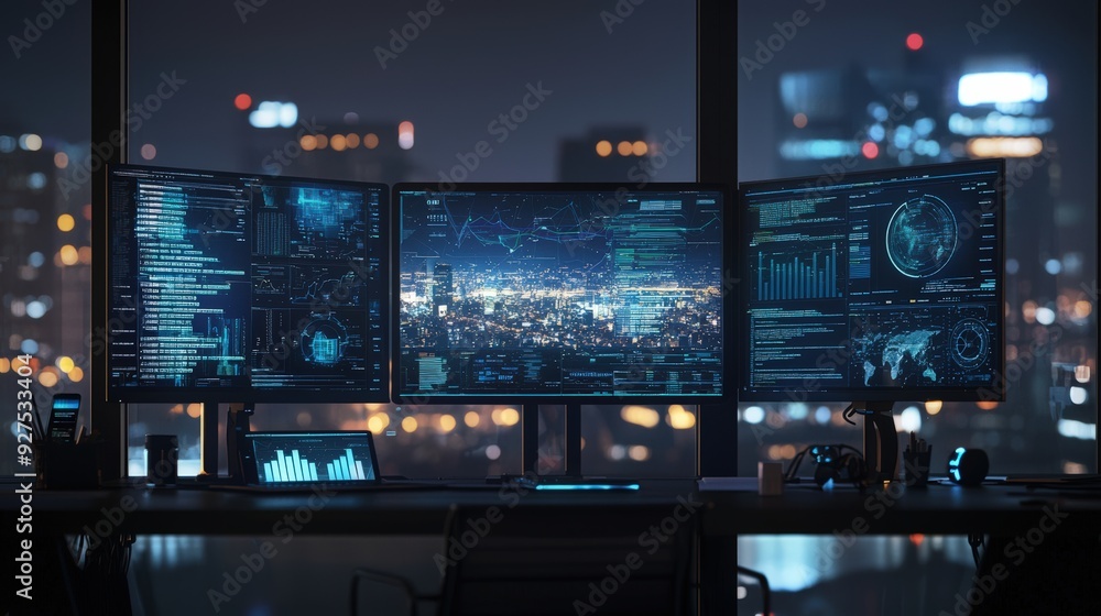A virtual workspace with multiple monitors displaying data ...
