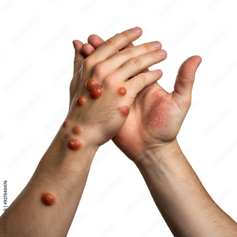 Male hands with rash. PNG. Isolated background. Patient with Pox viral ...