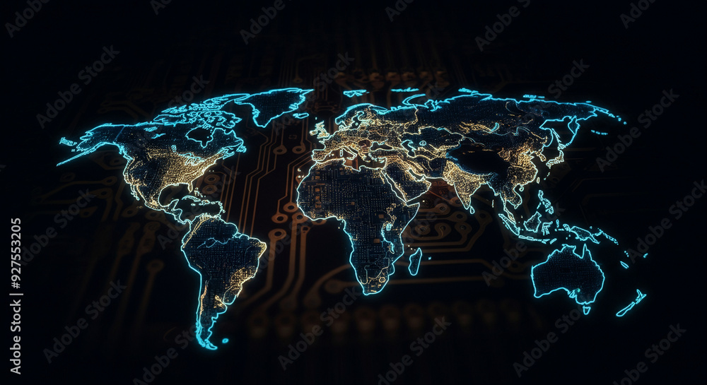 World Map Technology Design with Global Connections. Illuminated World Map with Circuit Patterns ...