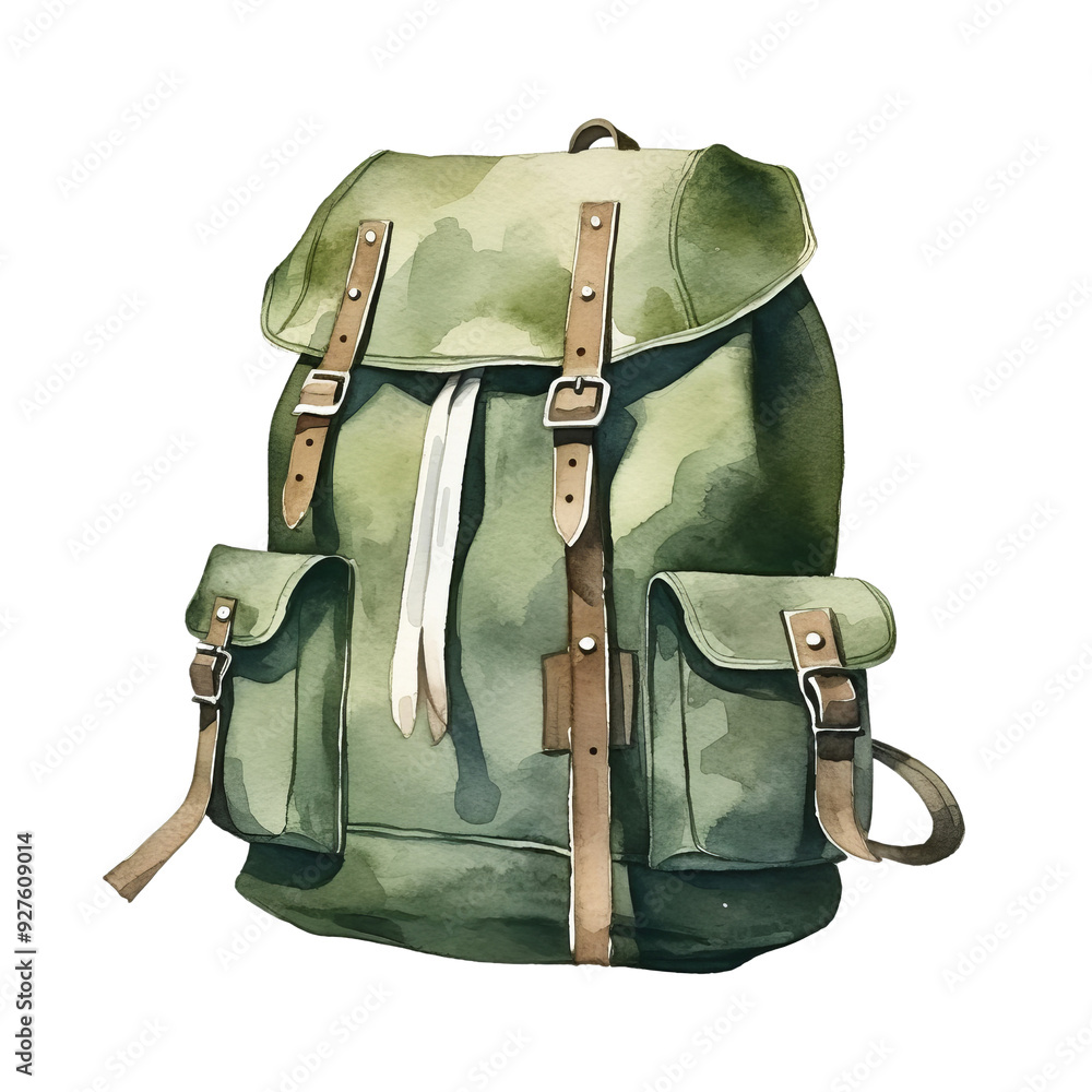 Hand-Drawn Watercolor Illustration of a Stylish Green Backpack. Stock ...