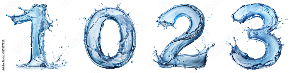 Creative water splash numbers 1 0 2 3 on a transparent background ...