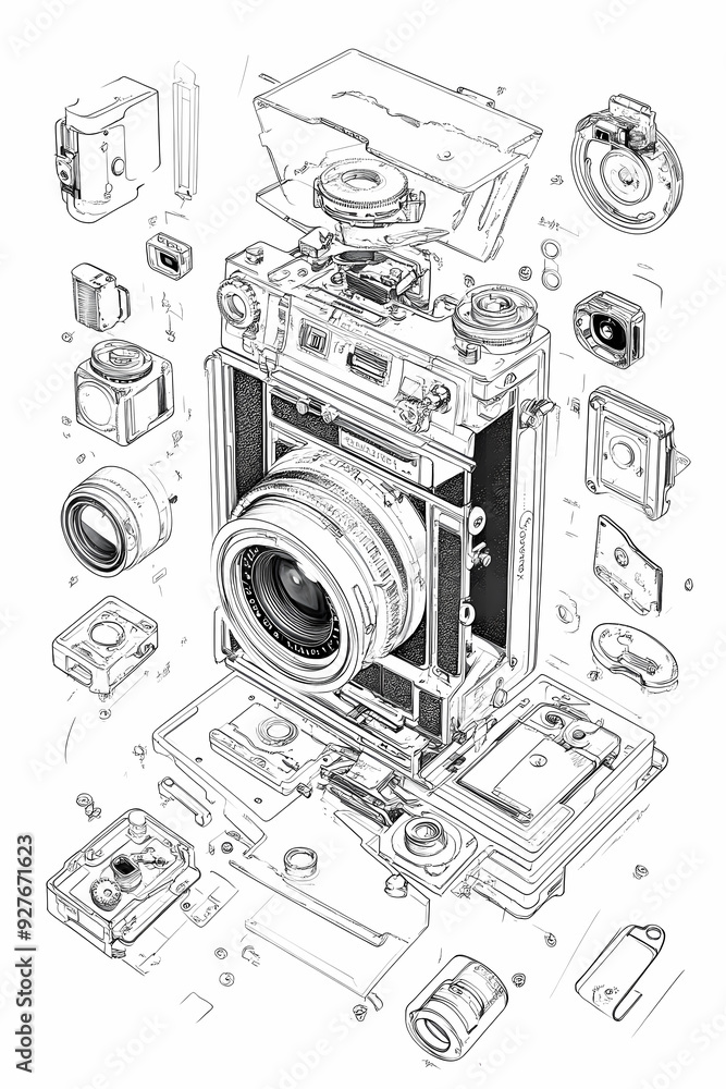 High-Resolution Black and White Line Drawing of Exploded Camera View ...