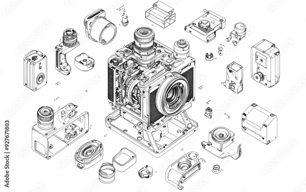 High-Resolution Black and White Line Drawing of Exploded Camera View ...