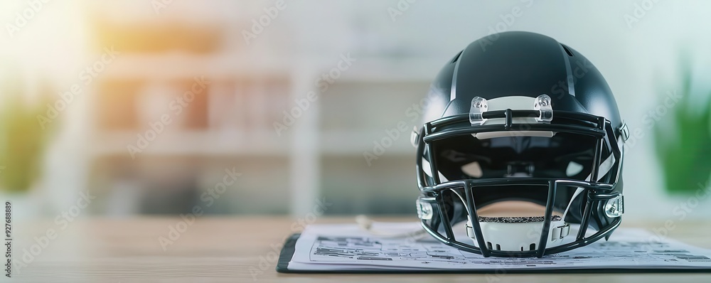 Helmet on a coach s desk with a tactical playbook, flat design, front ...