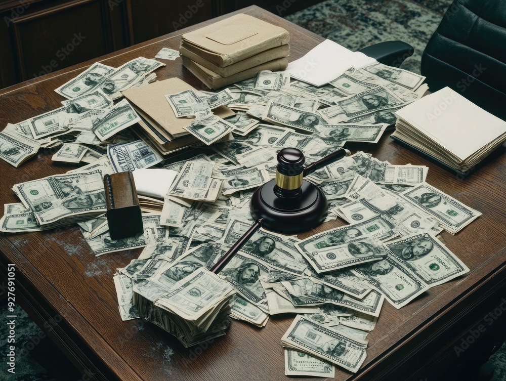 An office desk cluttered with cash, documents, and a gavel ...