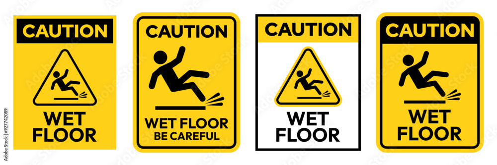 Hazard slippery surface wet floor sign, vector illustration isolated on ...