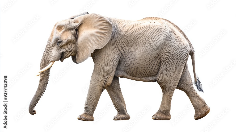 A side profile of an African elephant mid-walk on a white background ...