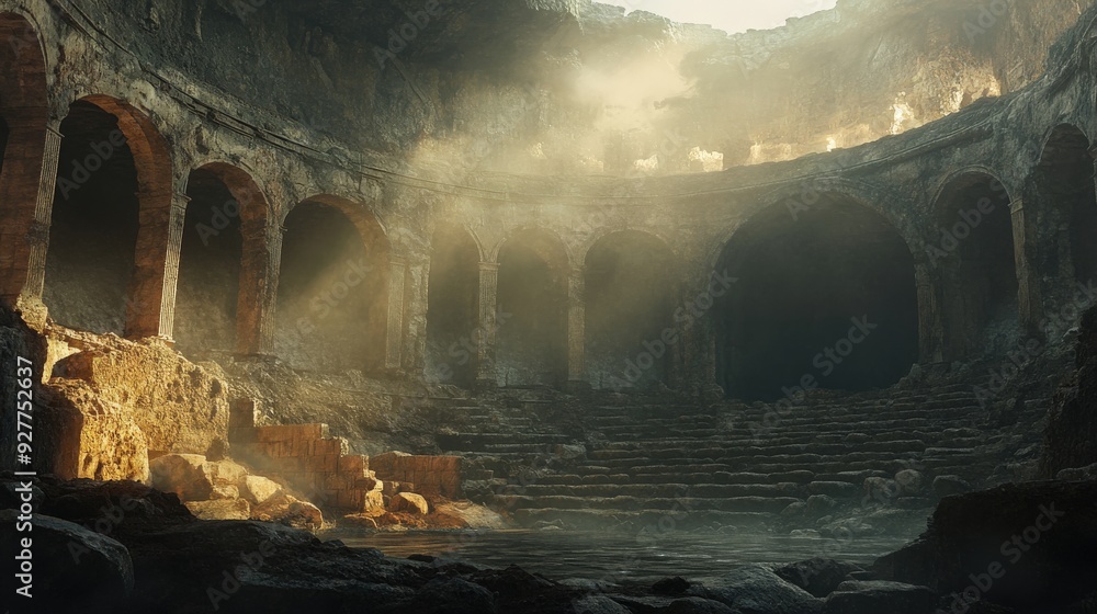 Sunlight filters through the arches of an ancient amphitheater ...