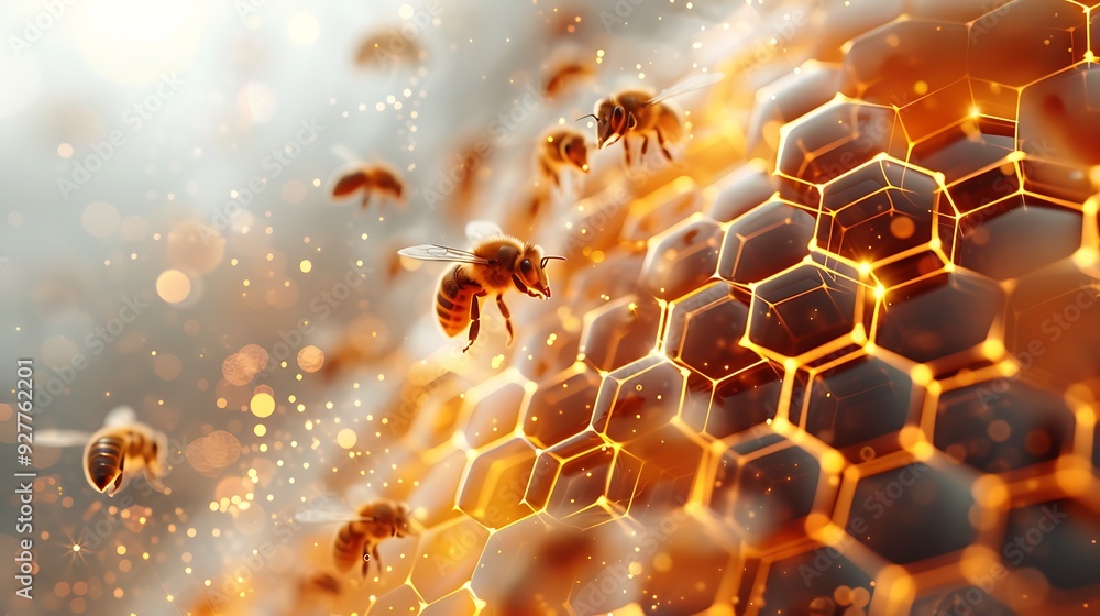 CPU beehive with data bees and hexagonal cells, double exposure style ...