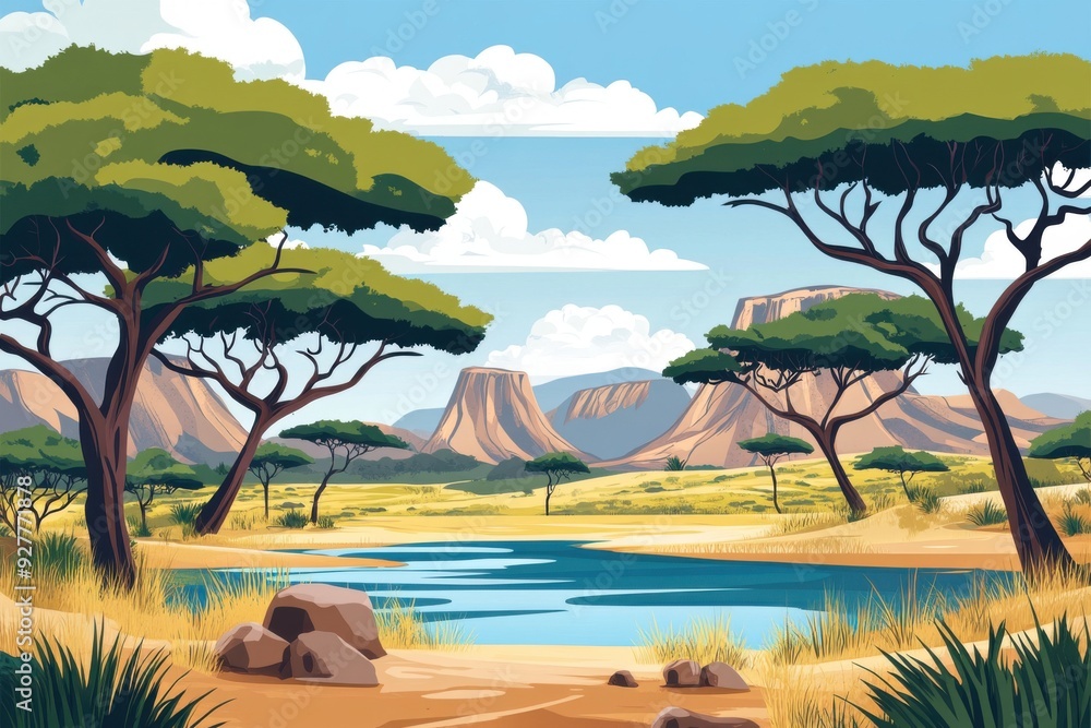 Animated depiction of african grasslands showcasing vibrant acacia ...
