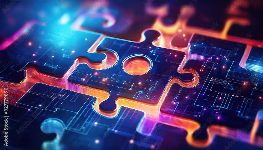 An abstract, tech-infused background with interconnected puzzle pieces ...
