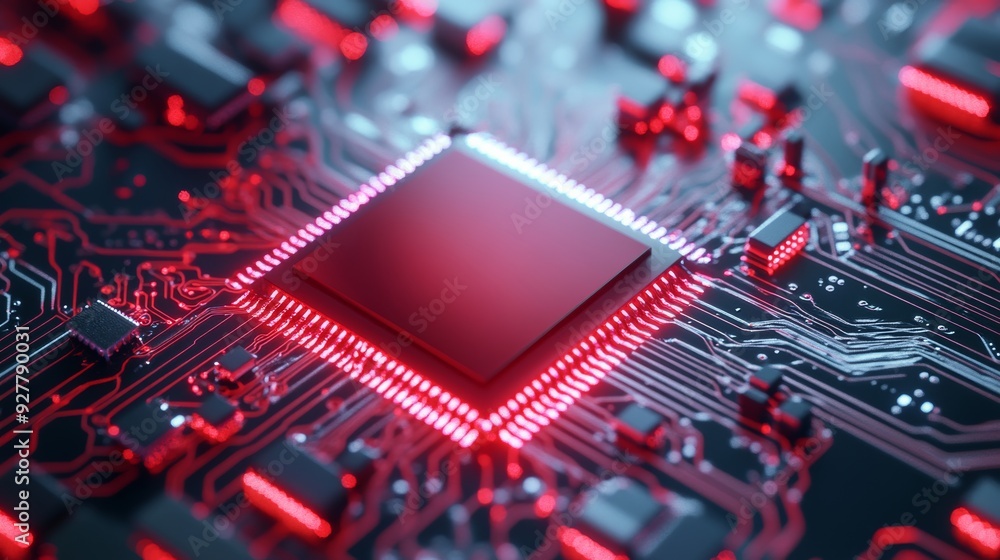 Circuit board with cyberpunk AI. Central Computer Processors CPU and ...