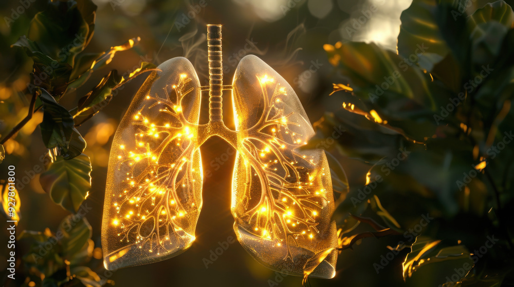 An abstract depiction of the respiratory system, with illuminated lungs ...