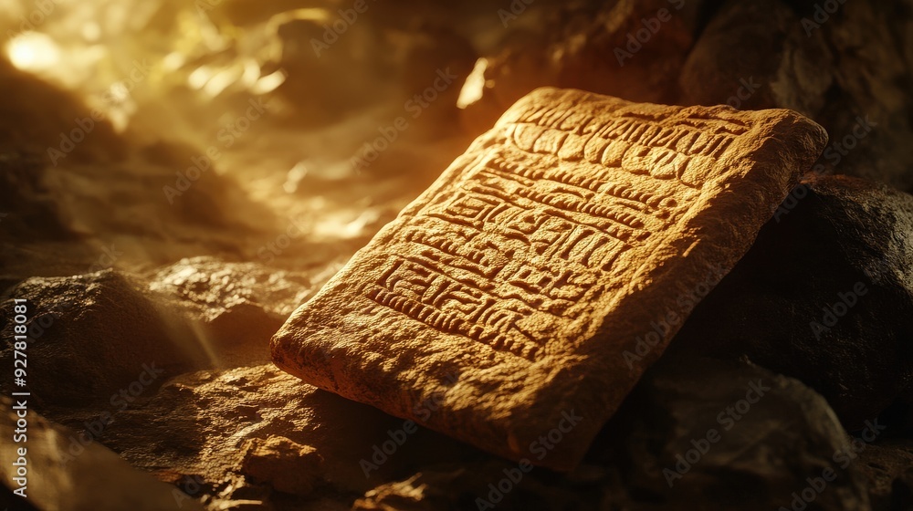 A clay cuneiform tablet lies among rocks, illuminated by warm sunlight ...