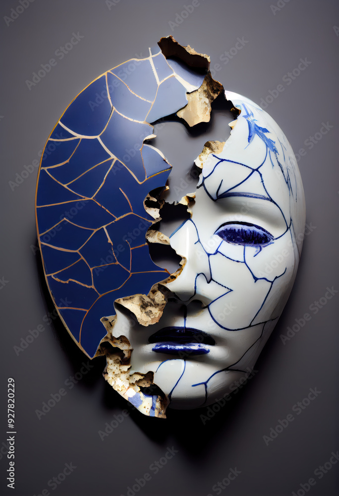 shows a ceramic mask repaired using the kintsugi technique. Half of the ...
