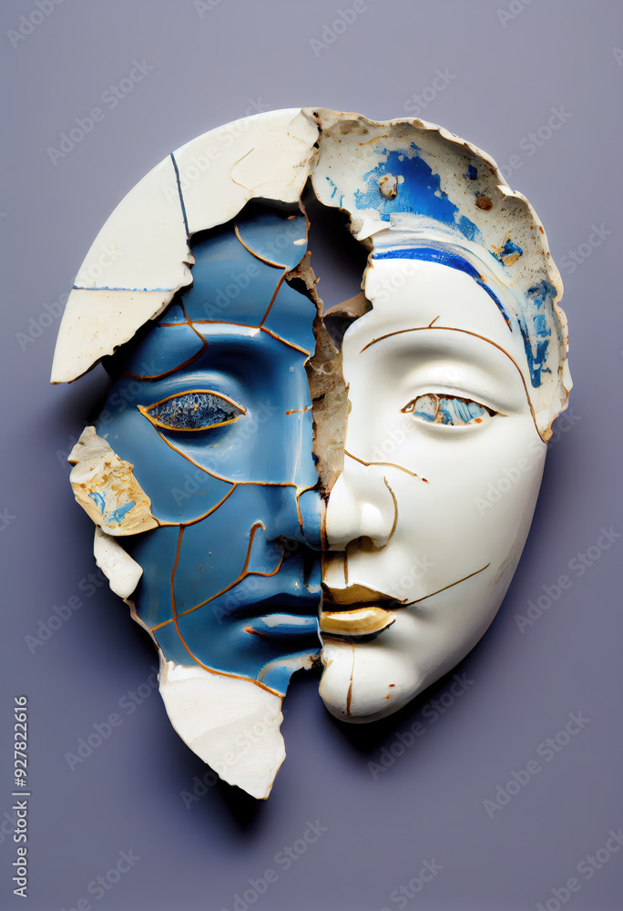 shows a ceramic mask repaired using the kintsugi technique. Half of the ...