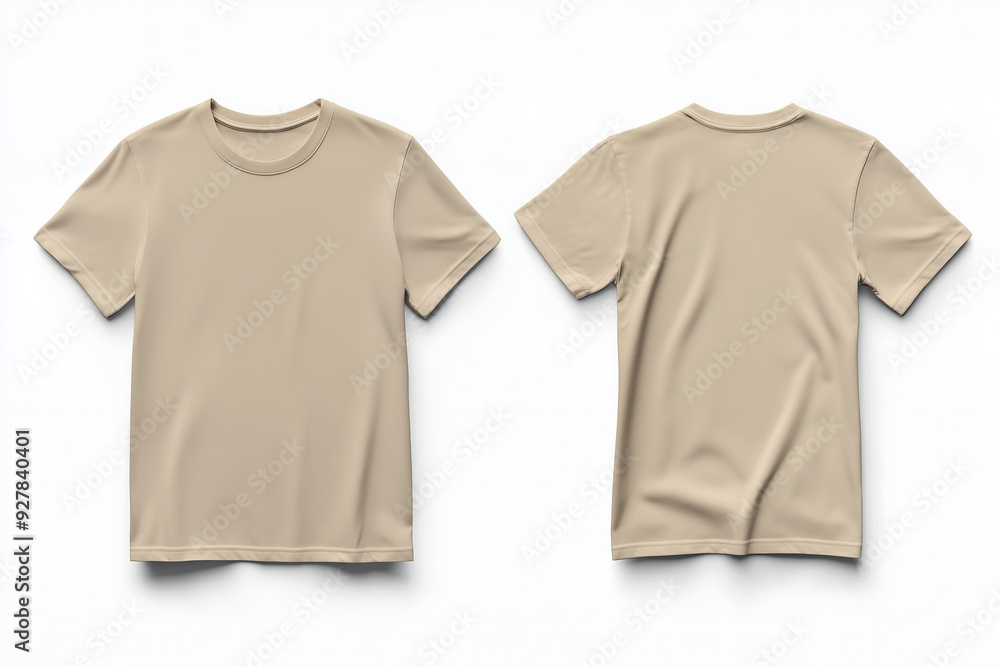 Beige empty blank front and back side t-shirt mockup template close up ...