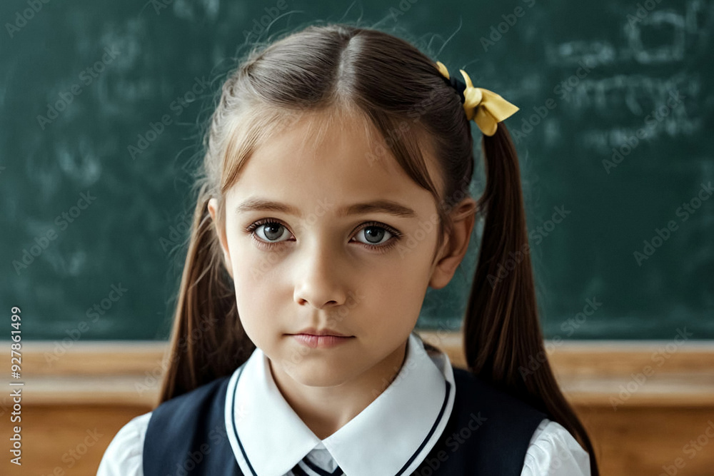 Portrait of first grader girl in school uniform at blackboard in ...
