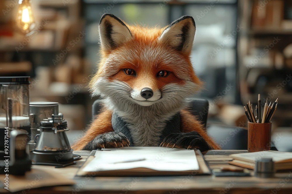 anthropomorphic fox in tailored suit working in sleek corporate office ...