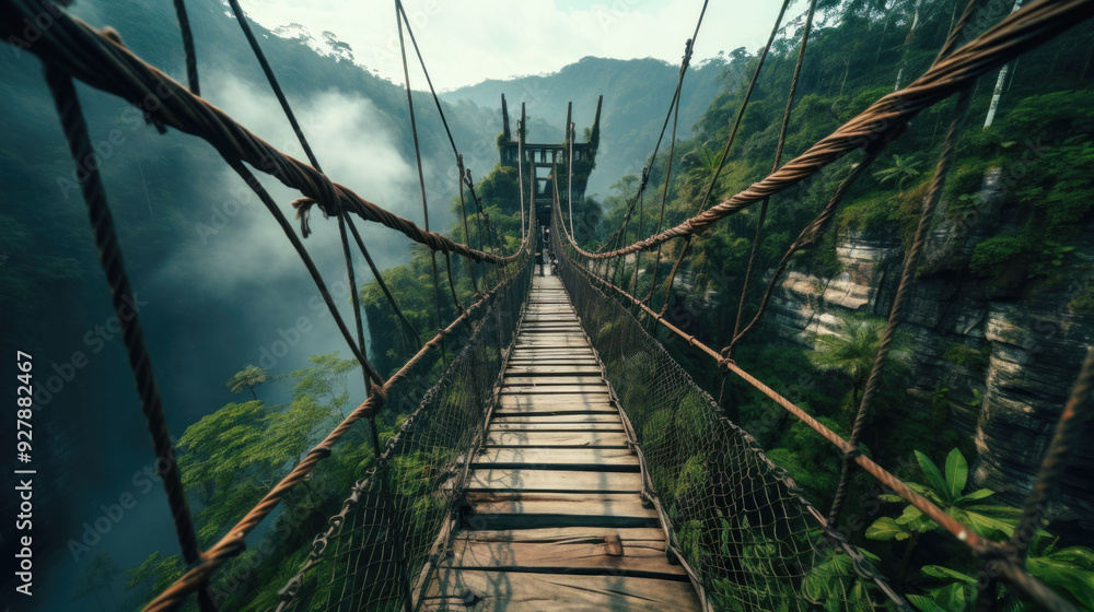 Vintage rope hanging bridge in jungle, suspension footbridge over ...
