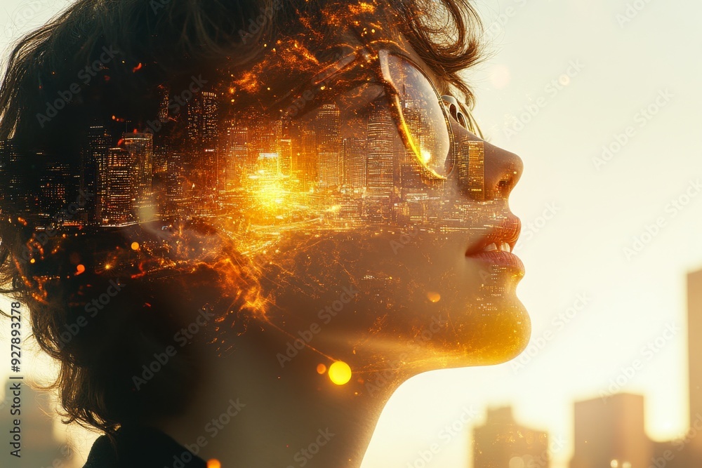 Woman with digital brain interface against a city backdrop illustrating ...