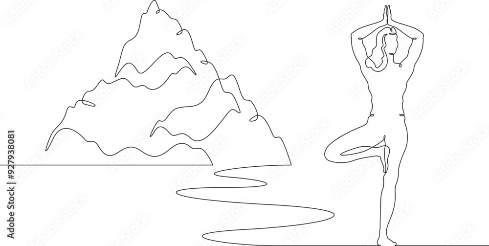 Continuous one line drawing woman doing yoga outdoors. High mountain ...