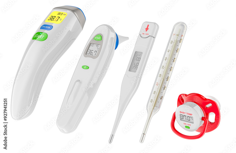 Mercury, digital, infrared, ear thermometers and pacifier thermometer ...