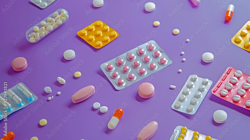 Colorful assortment of pills and tablets scattered over a purple ...