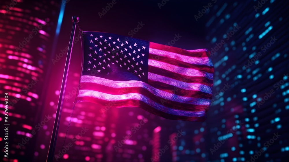 American flag waving atop a futuristic skyscraper, glowing in the city ...