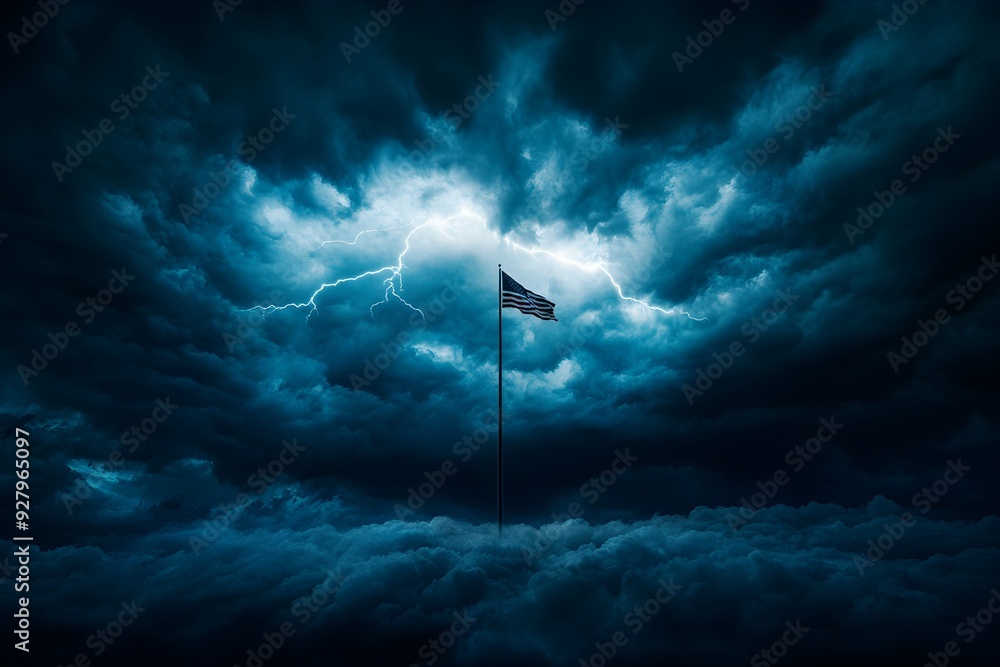 American flag waving in a stormy sky, with lightning illuminating the ...