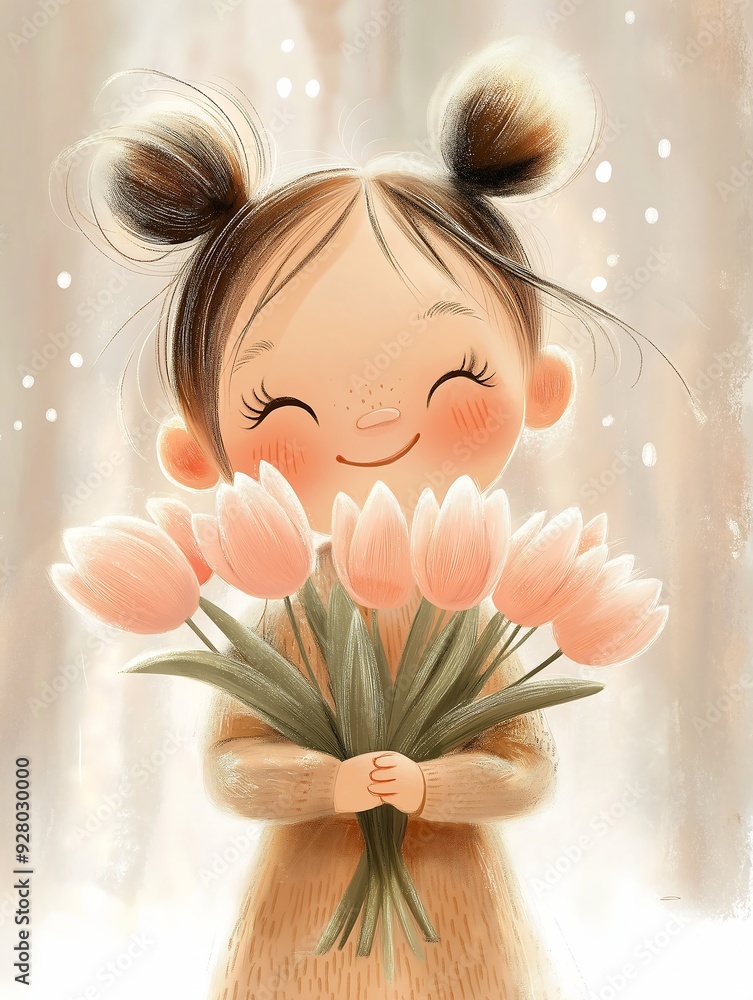 girl holding flowers hands illustration joyful look princess soft color ...