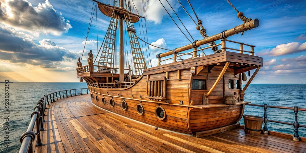 of the back of a wooden pirate ship , pirate, ship, wooden, deck, mast ...