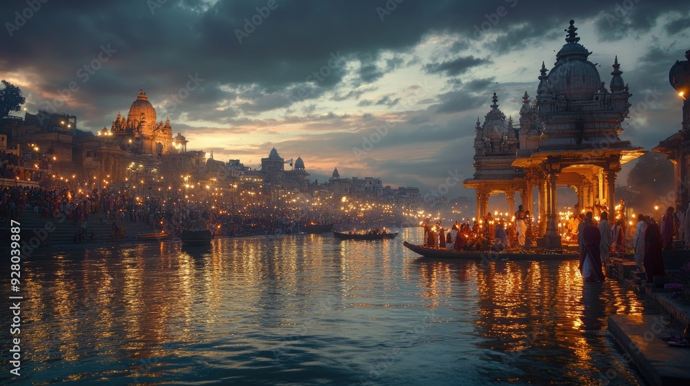 A serene Ganga riverbank with devotees performing evening aarti under a ...